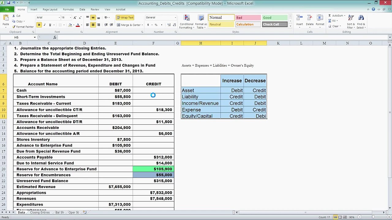 MS Excel: Accounting Basics - Debits/Credits, Equation, Example Files ...