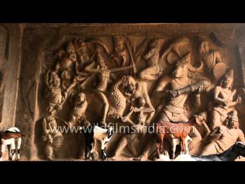 Wall depicts battle between Mahisa and Durga in Mahisamardini cave ...