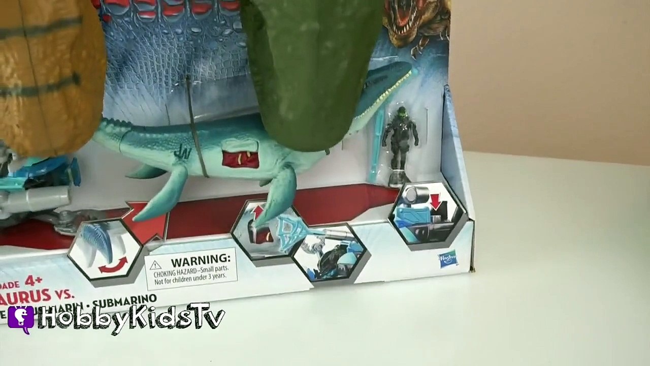 Jurassic World Dinosaur Mosasaurus + T-Rex Battle! Toy Eats Man Box ...