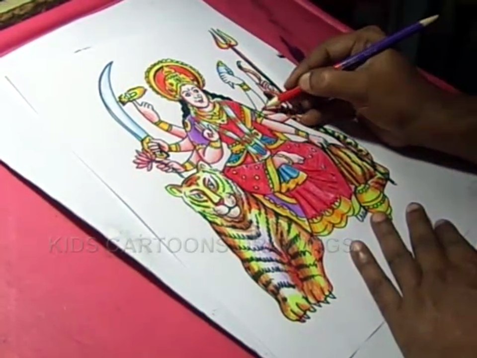How to Draw Navratri goddess Kanaka durga with Tiger Drawing Step by ...