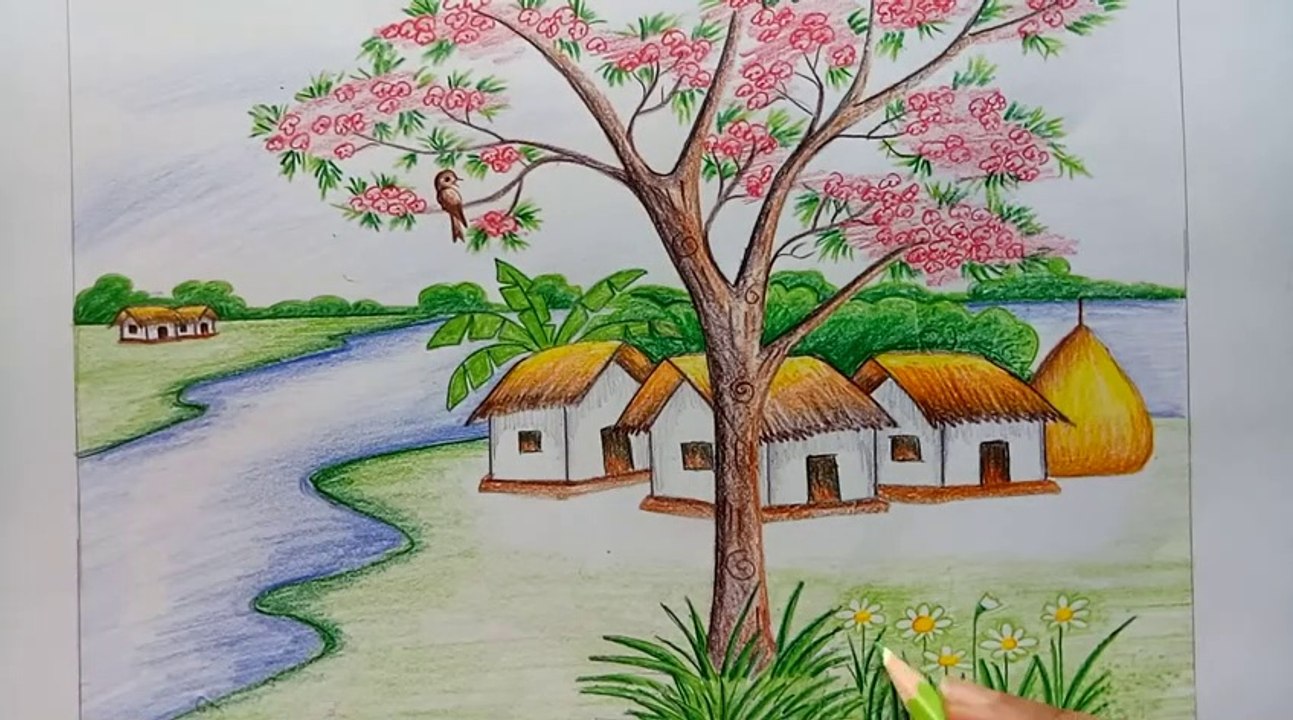How to draw scenery of spring season step by - video Dailymotion