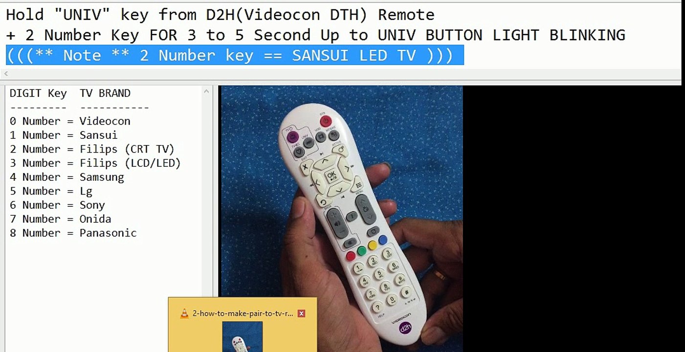 How to pair Videocon D2H Universal Remote to TV - video Dailymotion