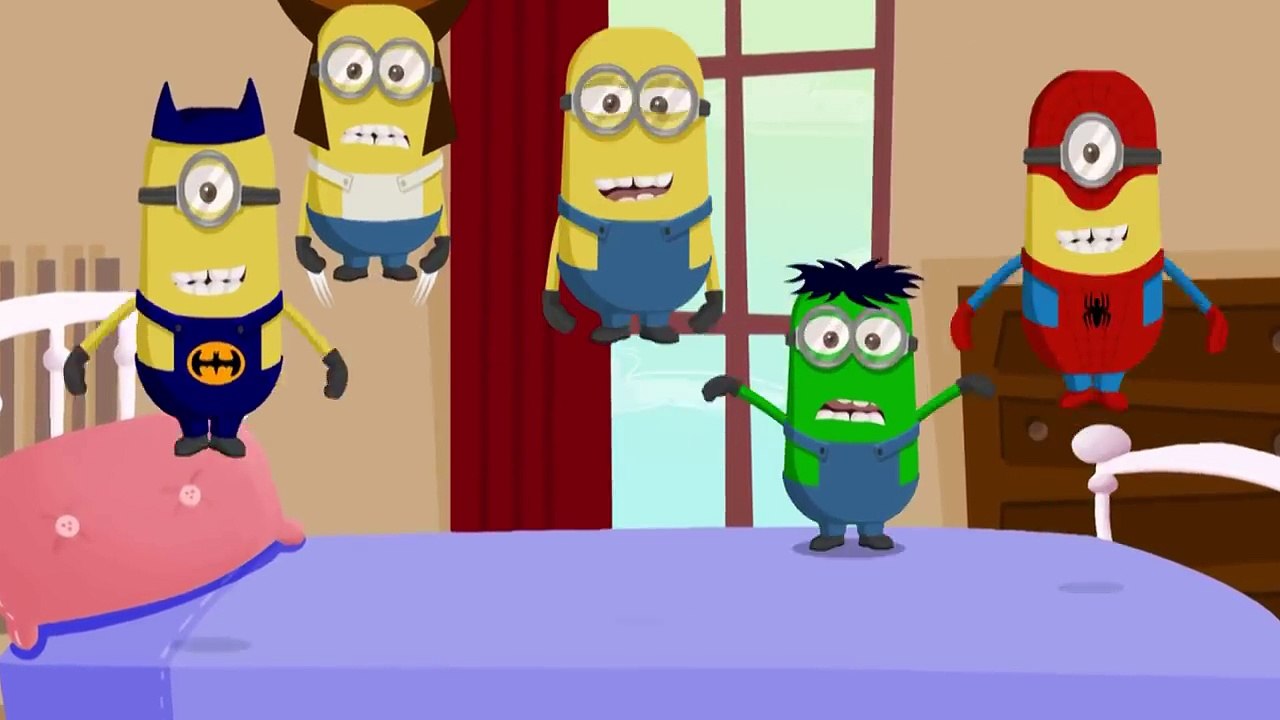Minions Superheroes Five Little Monkeys Junping on the bed Five Little ...