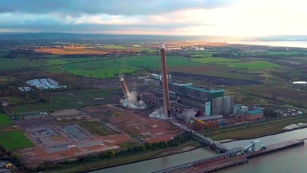 Aerial footage of the Tilbury power station demolition Aerial footage of the Tilbury power station demolition