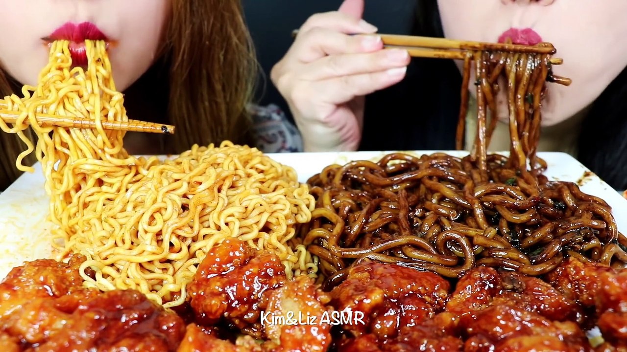 ASMR BLACK BEAN NOODLES + FIRE NOODLES + CREPE CAKE 짜장면 양념 치킨 불닭볶음면 먹방 ...