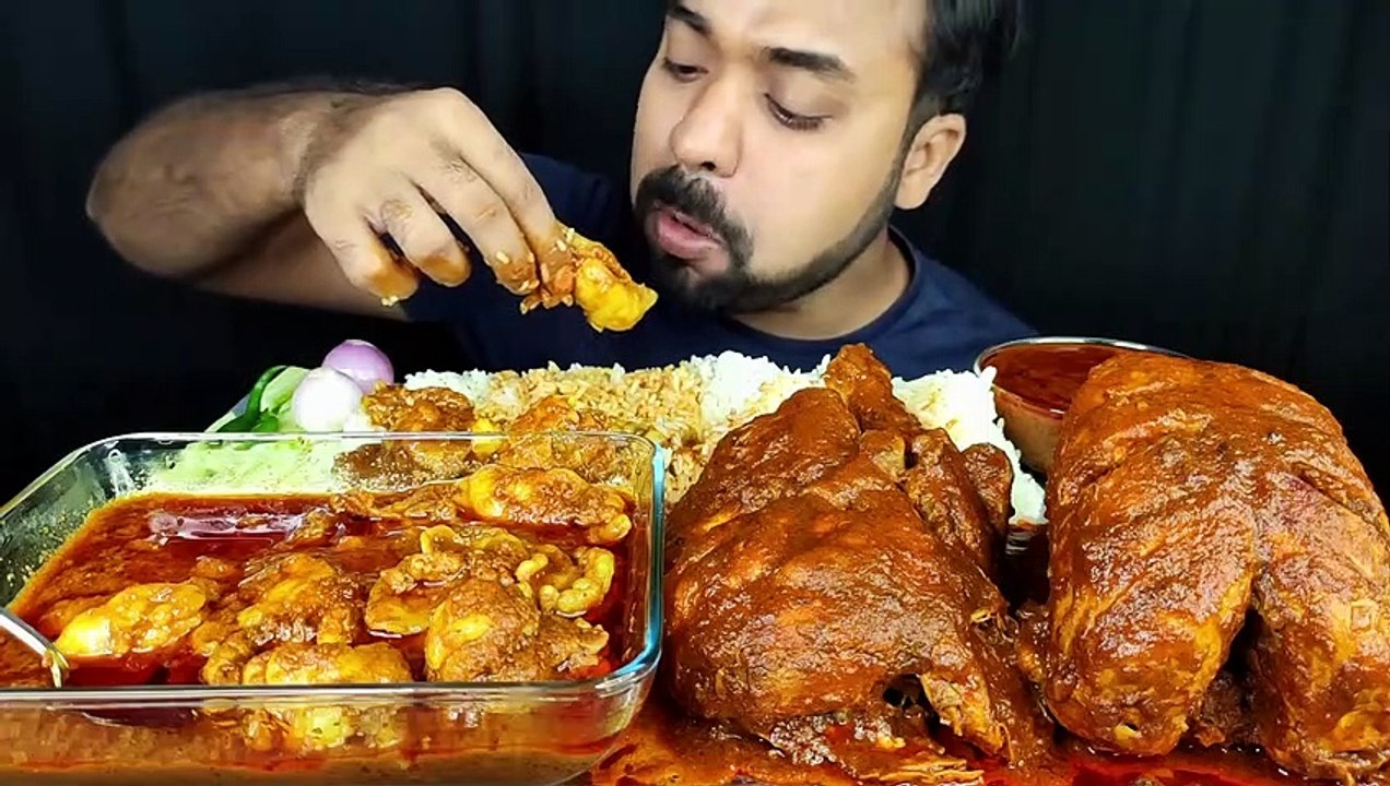 HUGE SPICY MUTTON FAT CURRY, WHOLE CHICKEN CURRY, CHICKEN GRAVY, RICE, SALAD ASMR MUKBANG EATING ...