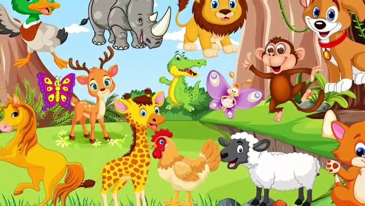 Funny animal sounds around us hen, crocodile,deer, giraffe, monkey ...