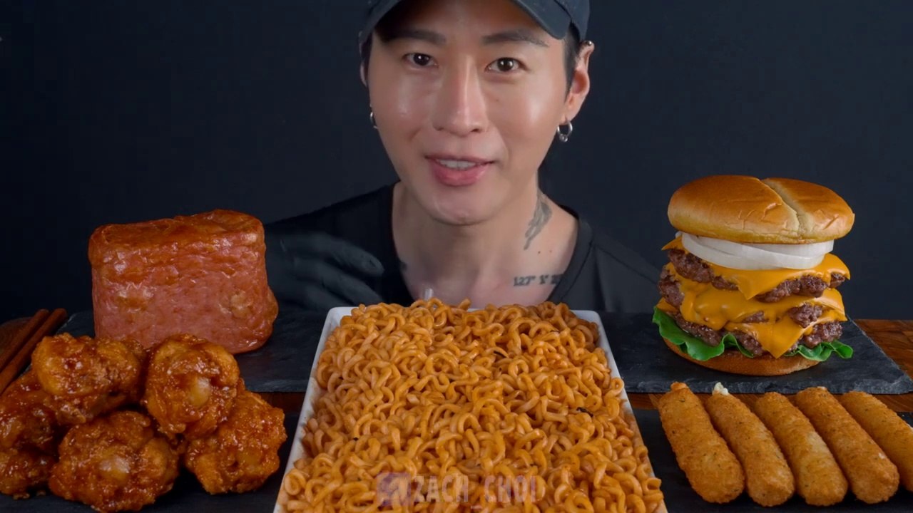 ASMR MUKBANG _ Triple Cheeseburger, Spicy Noodles, Spam, Cheese Stick, Fried Chicken - video ...