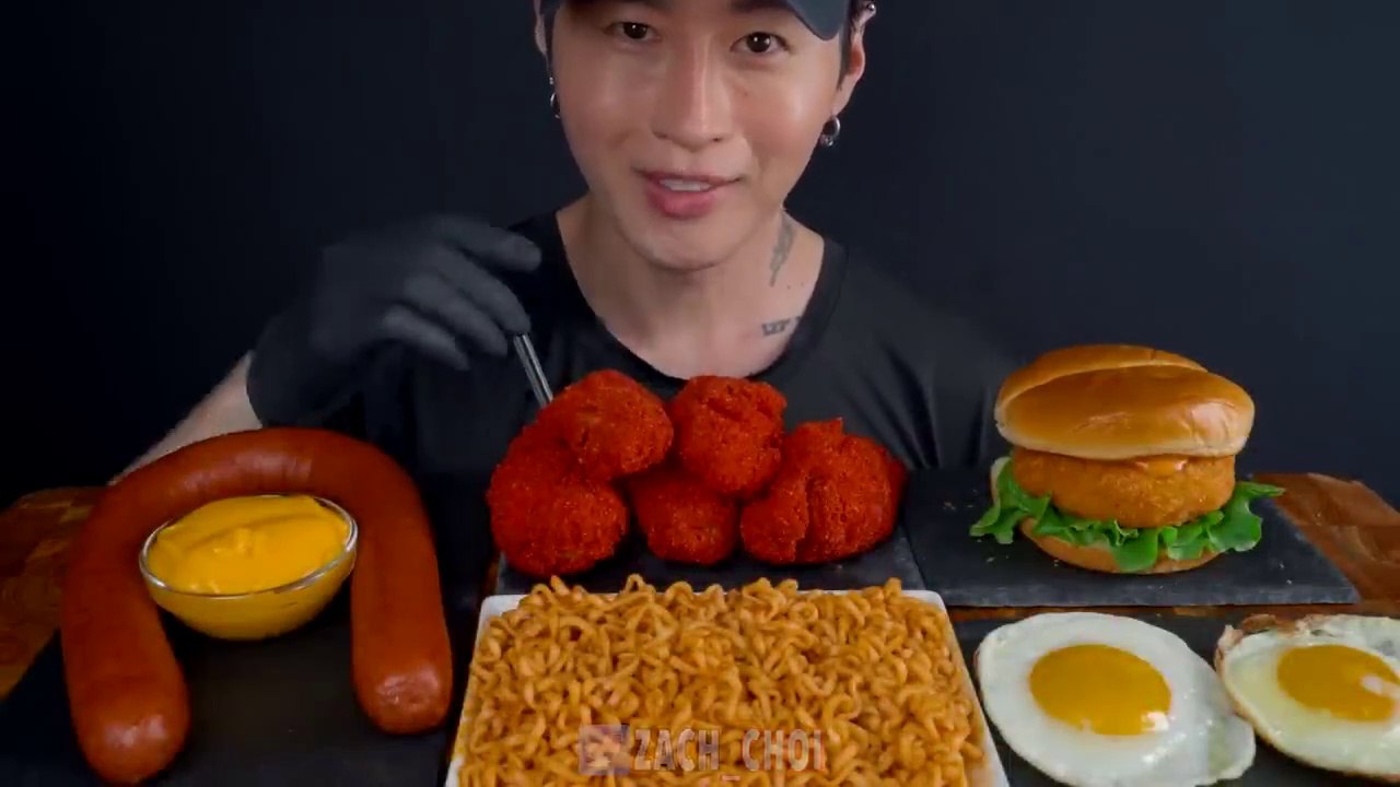 ASMR MUKBANG _ Sausage, Fire Noodles, Shrimp Burger, Fried Chicken, Eggs _ Recipe - video ...