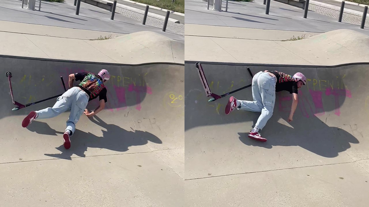 INSANE scooter fail sees rider going shoulder-first into plywood ...