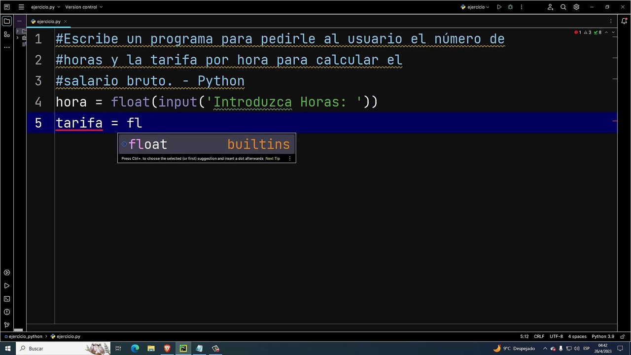 Escribe un programa para pedirle al usuario el número de horas y la tarifa por hora para ...