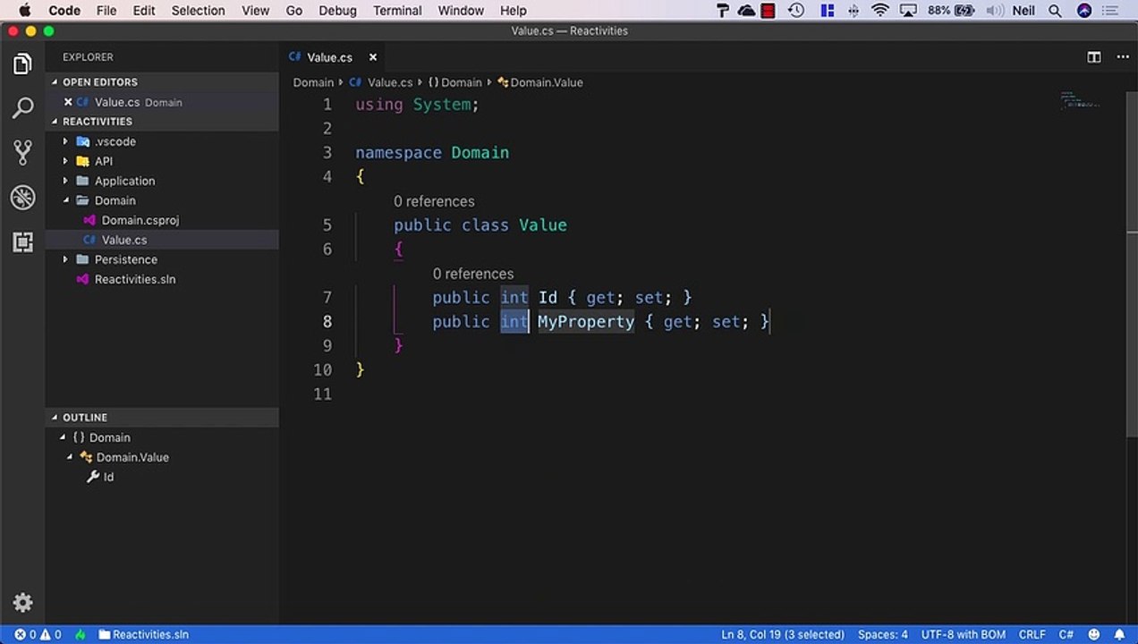 Net. Core and React Walking Skeleton Part 1 API (Legacy) - Creating a Domain entity - video ...