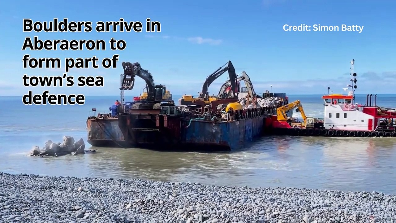 Boulders arrive in Aberaeron to form part of town's new sea defence ...