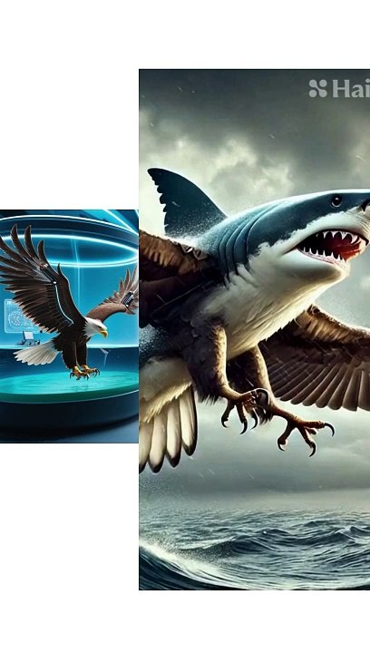 Hybrid Creature Experiment Eagle and Shark Fusion in a Futuristic Lab ...