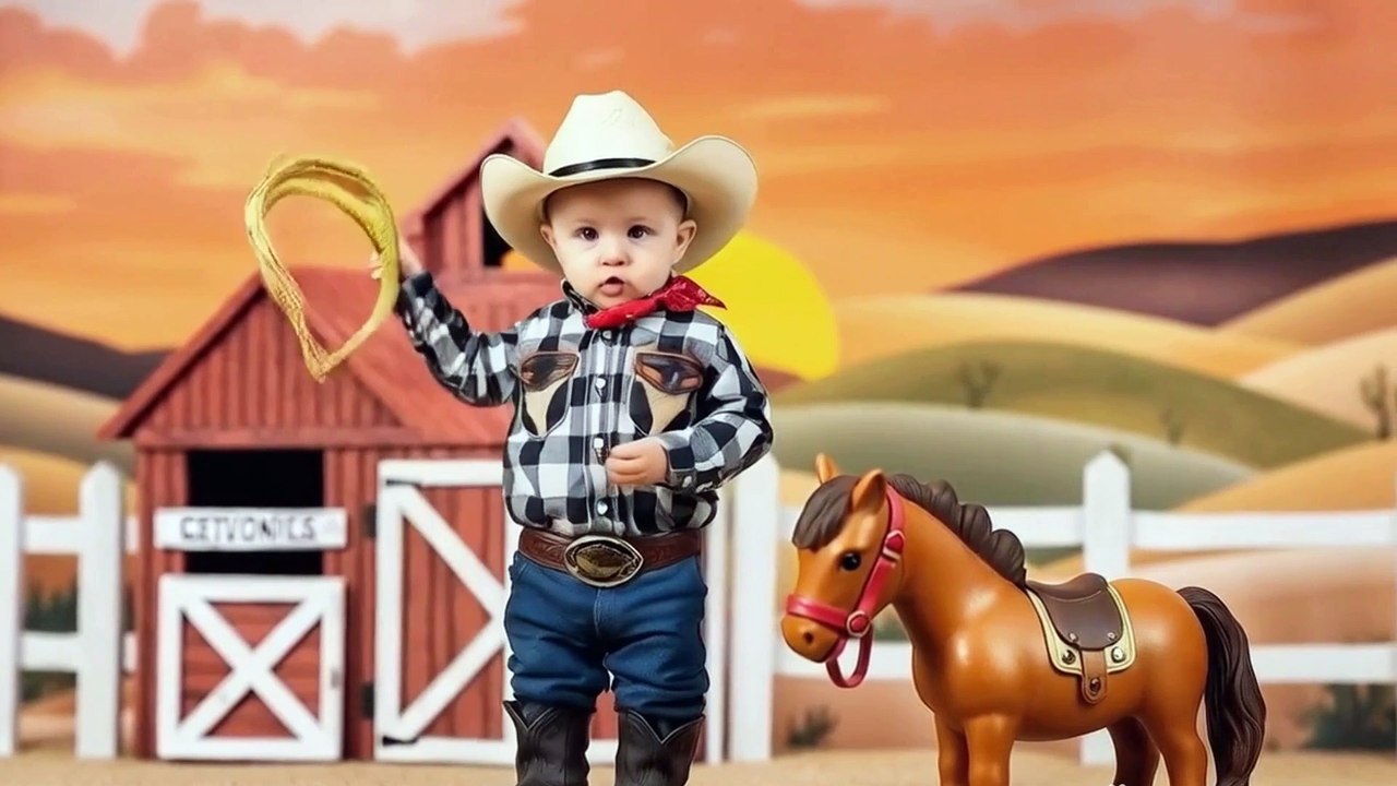 A stylish baby cowboy standing by a toy barn -ANIMATION FOR KID - video ...