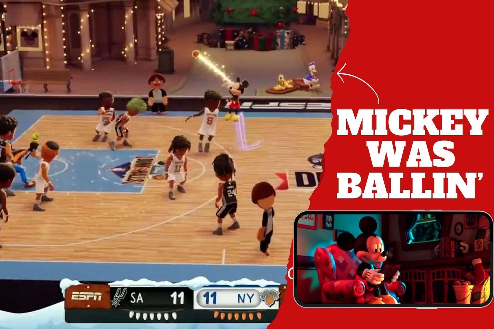Mickey Mouse imitates Steph Curry as he hits a three pointer and ...