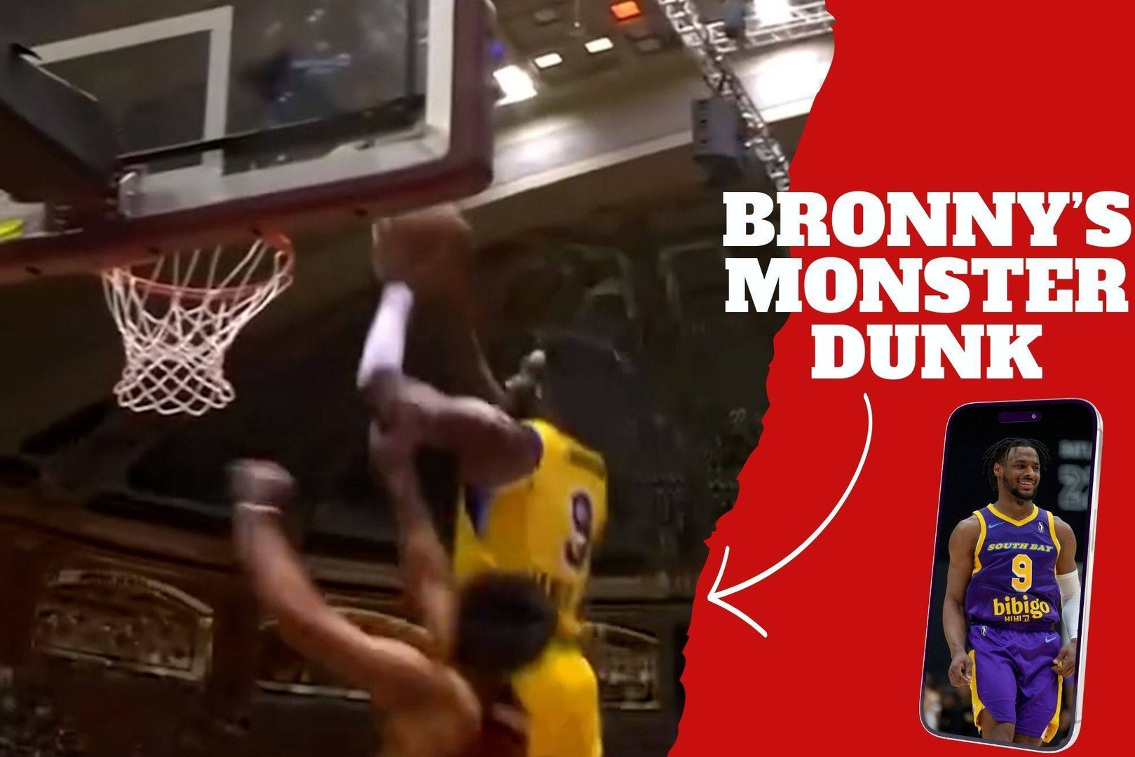 Bronny James throws down a huge poster jam with the South Bay Lakers ...