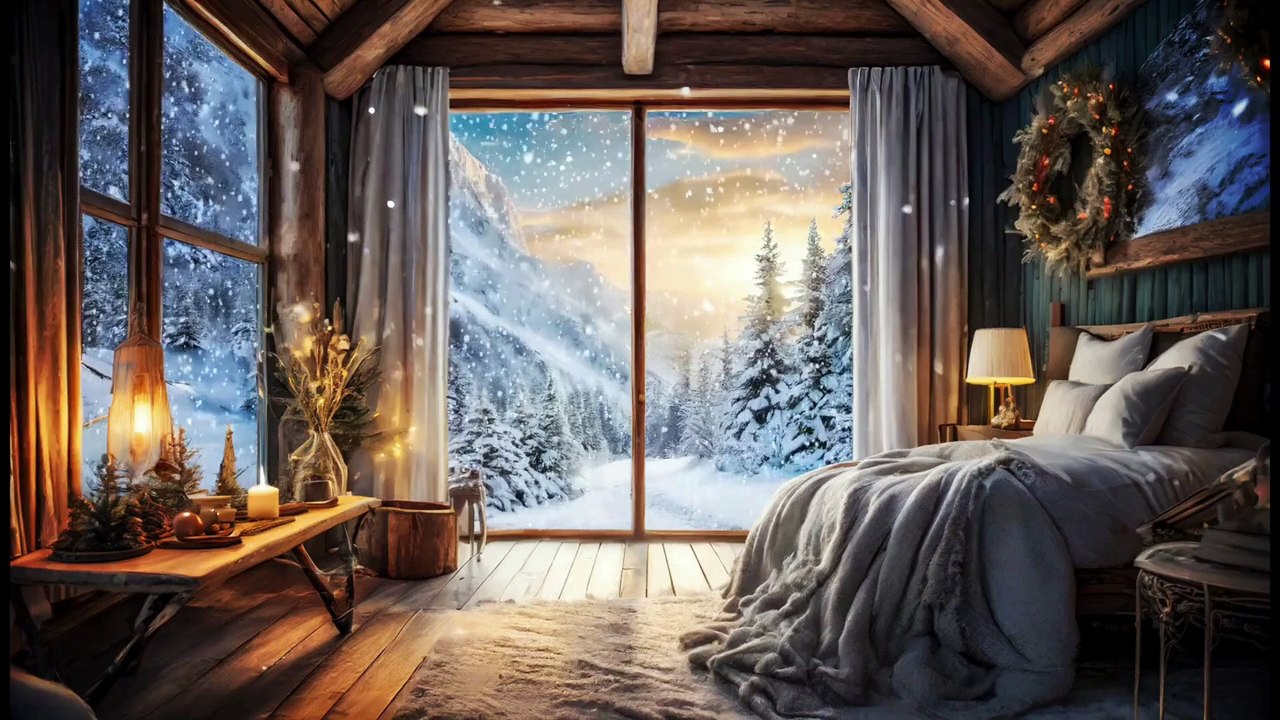 Snowfall at Cozy Winter forest wooden Cabin Ambience ️Warm Piano Music ...