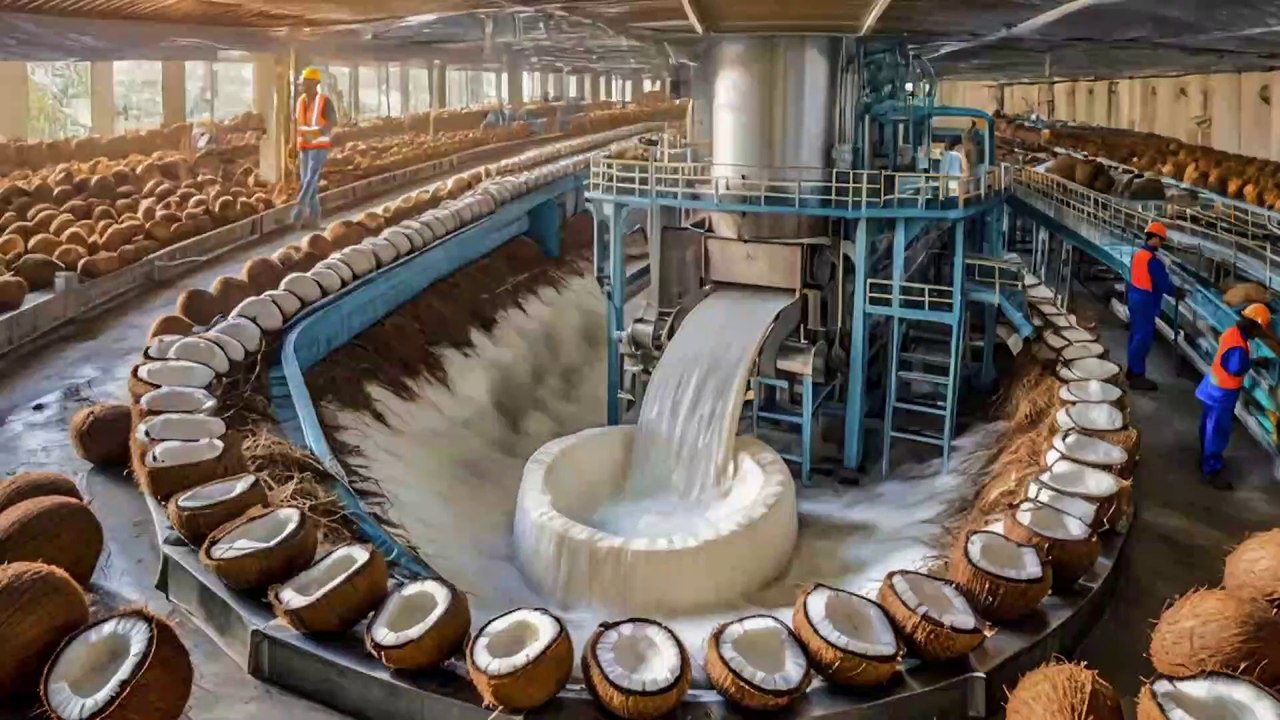 Millions Tons Of Coconut Oil Are Processed Into Coconut Milk At Factory ...