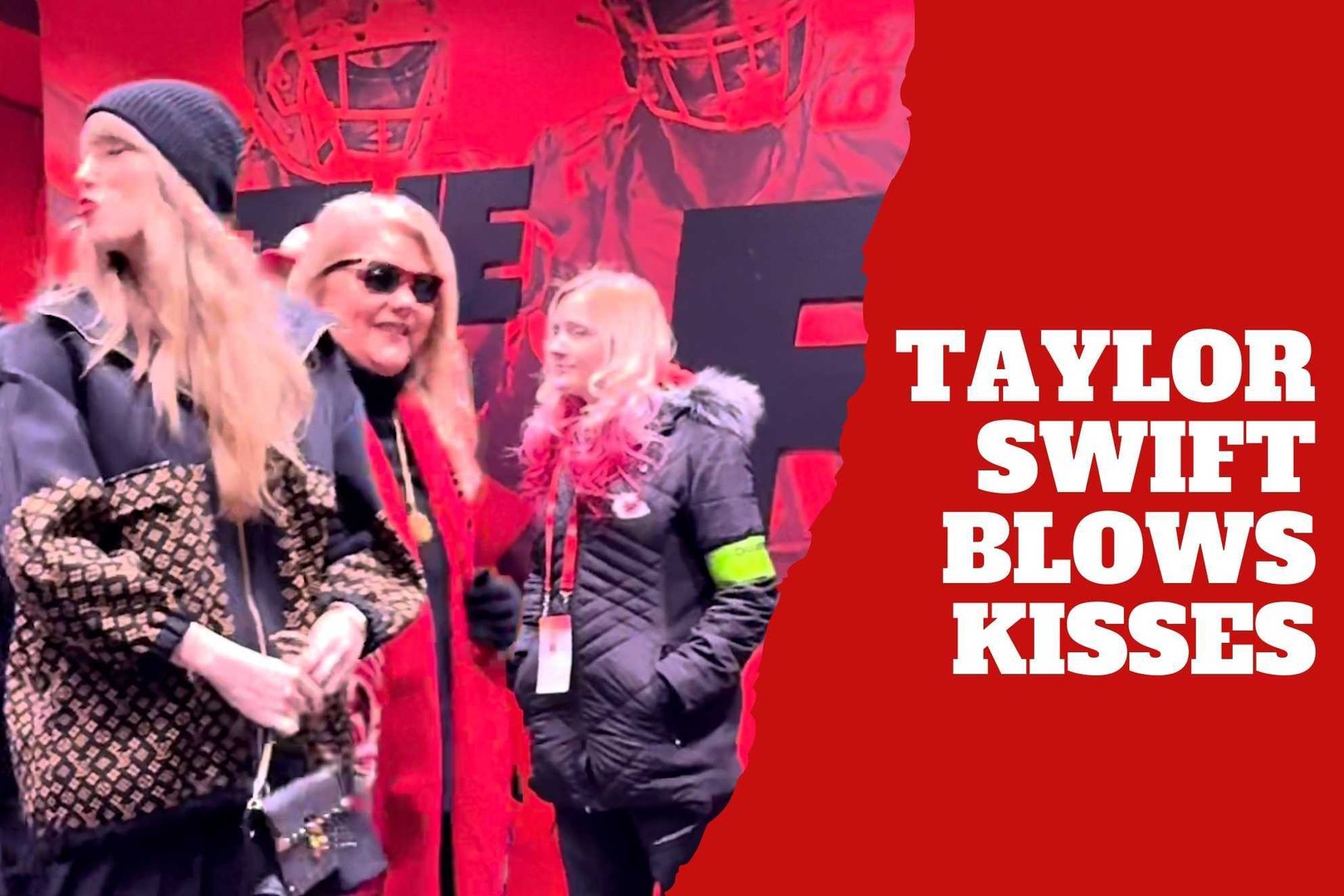 Taylor Swift blows kisses while her mom smiles as they arrive at the game to support Travis ...