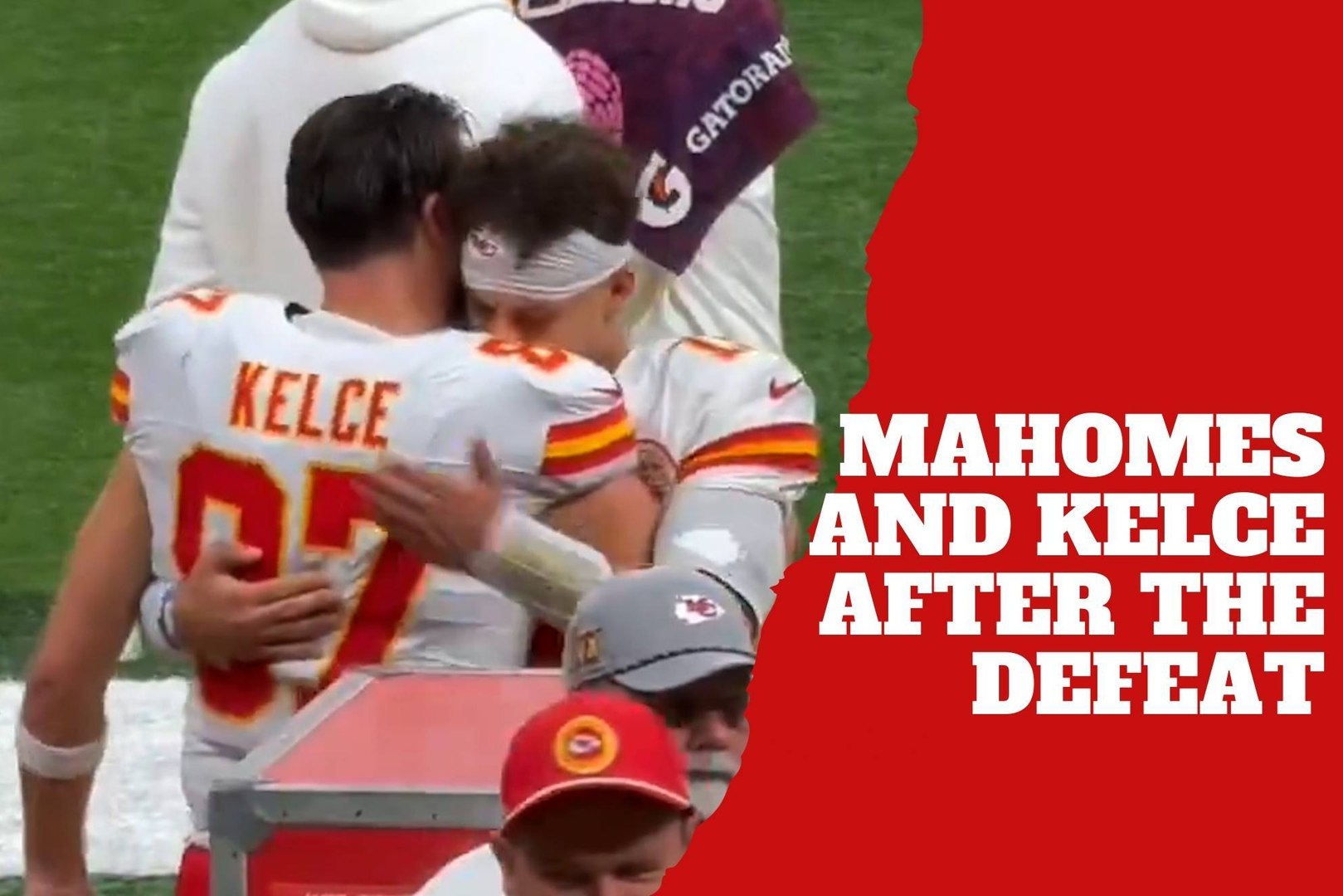 Patrick Mahomes and Travis Kelce share an emotional hug after the tough defeat in the Super Bowl ...