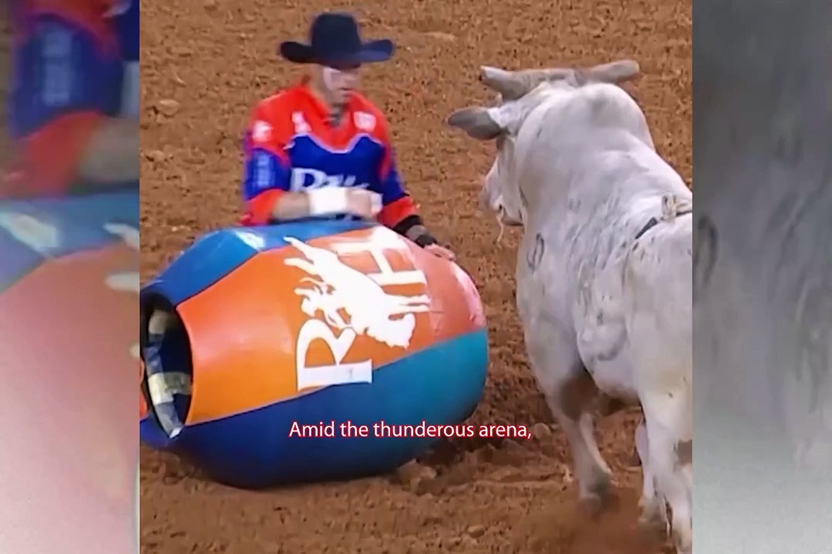 Rodeo clown risks his life attempting to place a hat on a massive bull ...