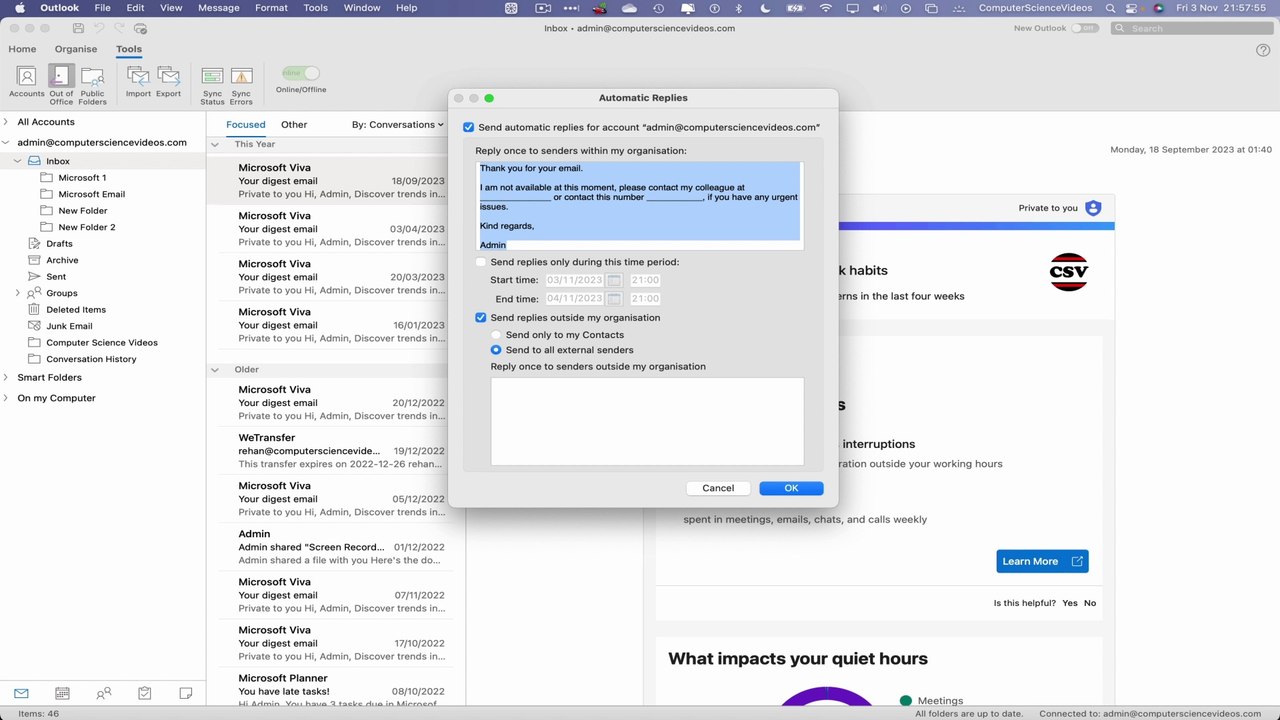 How to ACTIVATE Your Out Of Office Hours on Microsoft Outlook Using a Mac Computer - Basic ...