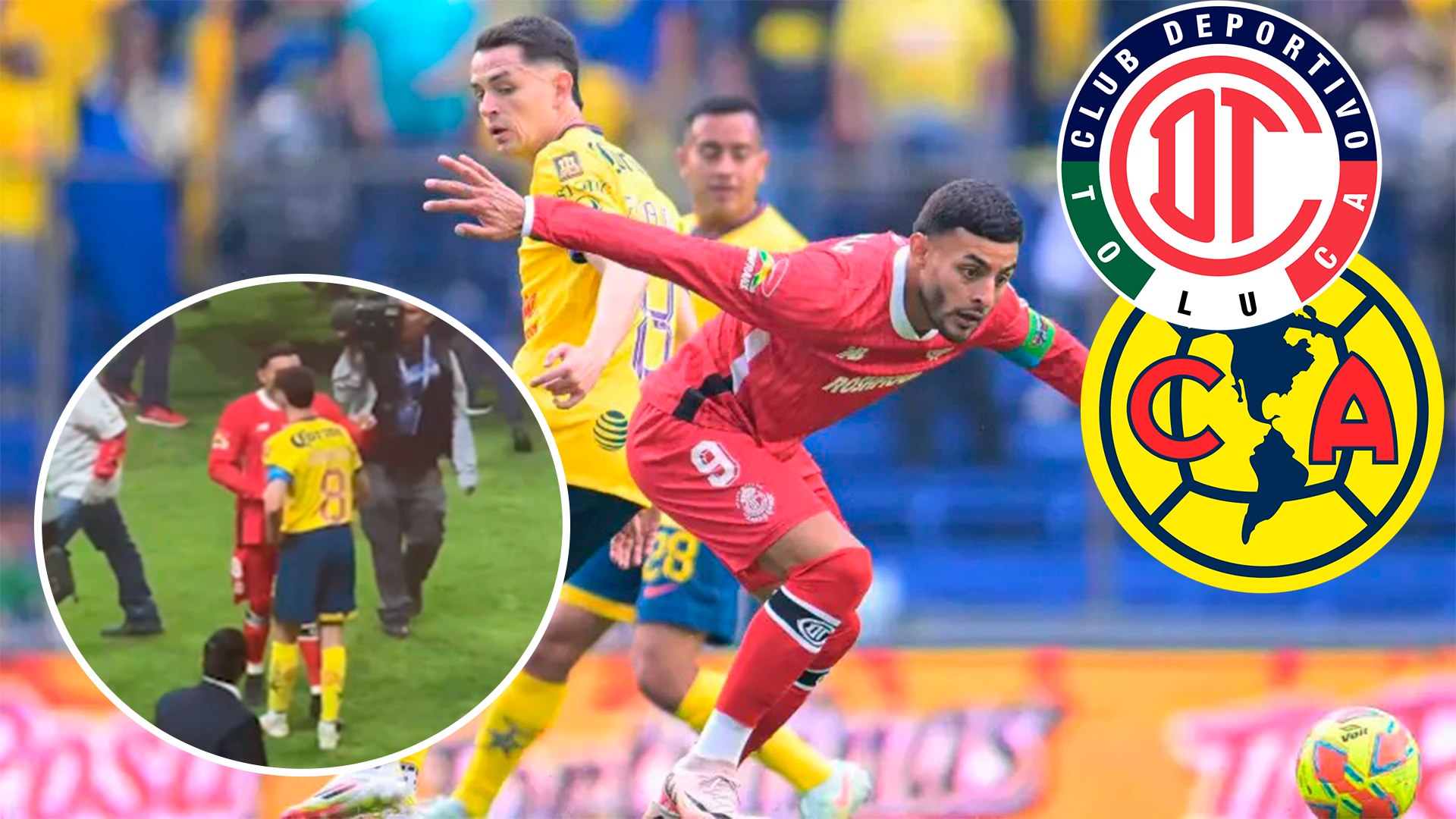 Alexis Vega consuela a Álvaro Fidalgo tras la victoria del Toluca sobre el América en la Gran ...