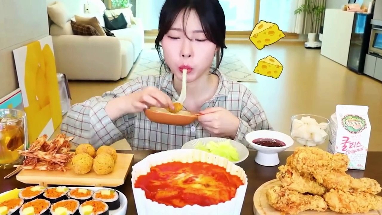 ASMR MUKBANG Spicy Cheese Tteokbokki, Cheese ball, Fried Chicken ...