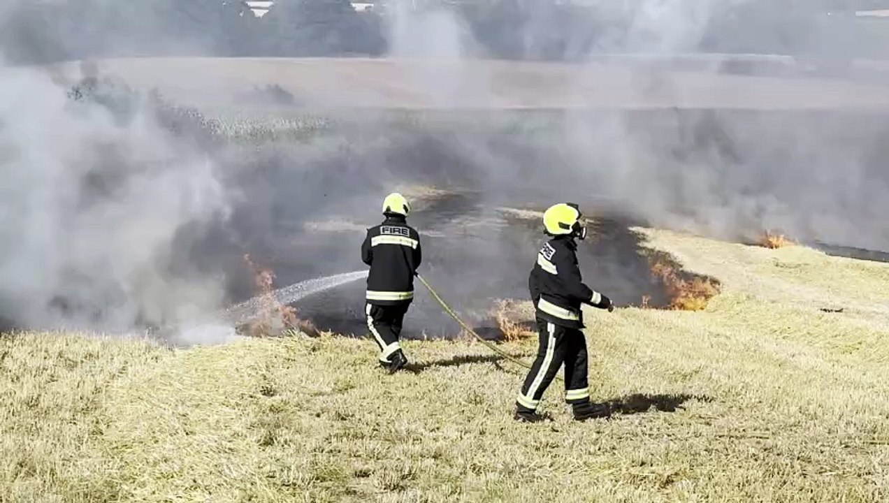 Firefighters using hoses and beaters at the Crediton field fire, video ...