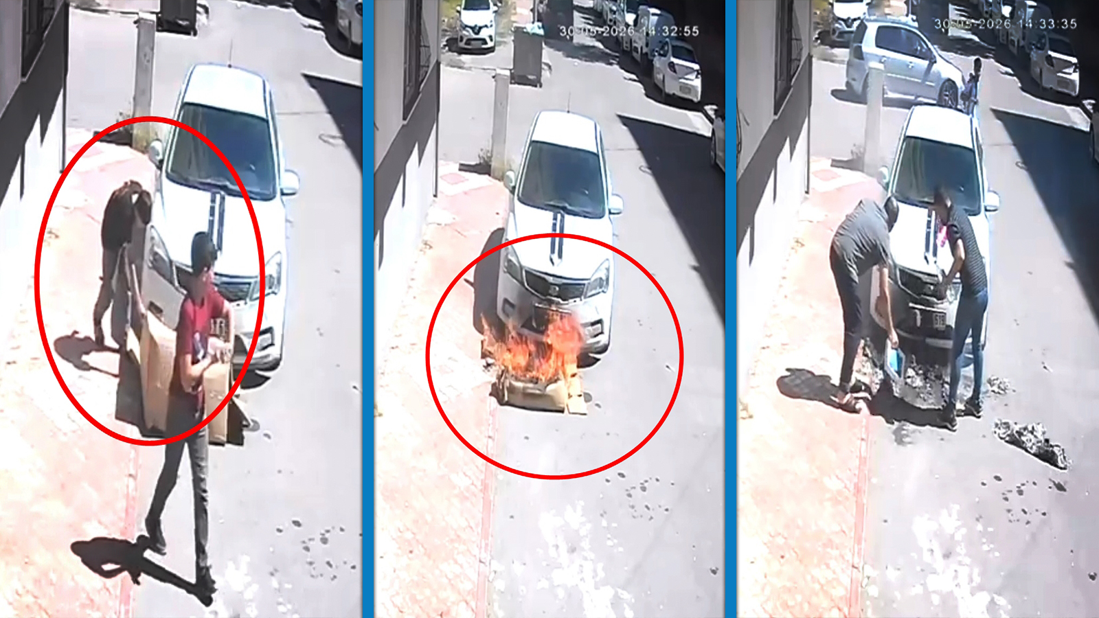 Çocuğun yaktığı karton, otomobili tutuşturdu; o anlar kamerada