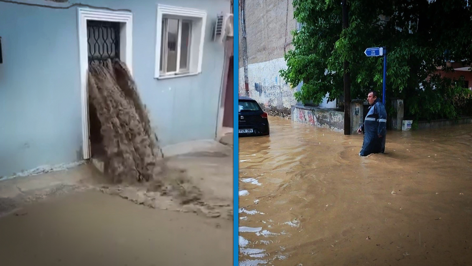 Manisa'da sağanak; sel sularının evin kapısından taştığı anlar kamerada